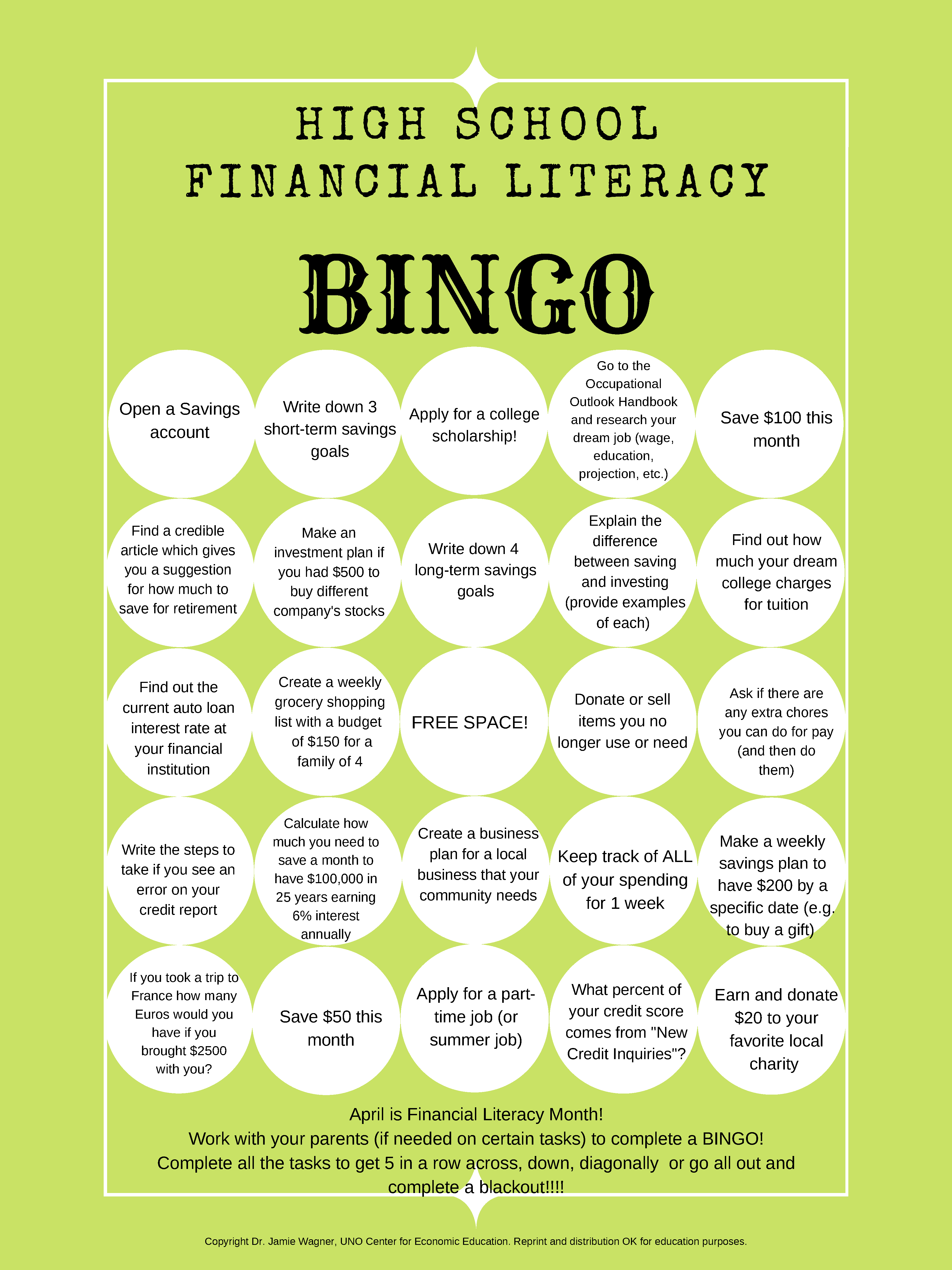 Financial Literacy Bingo Cards Center For Economic Education